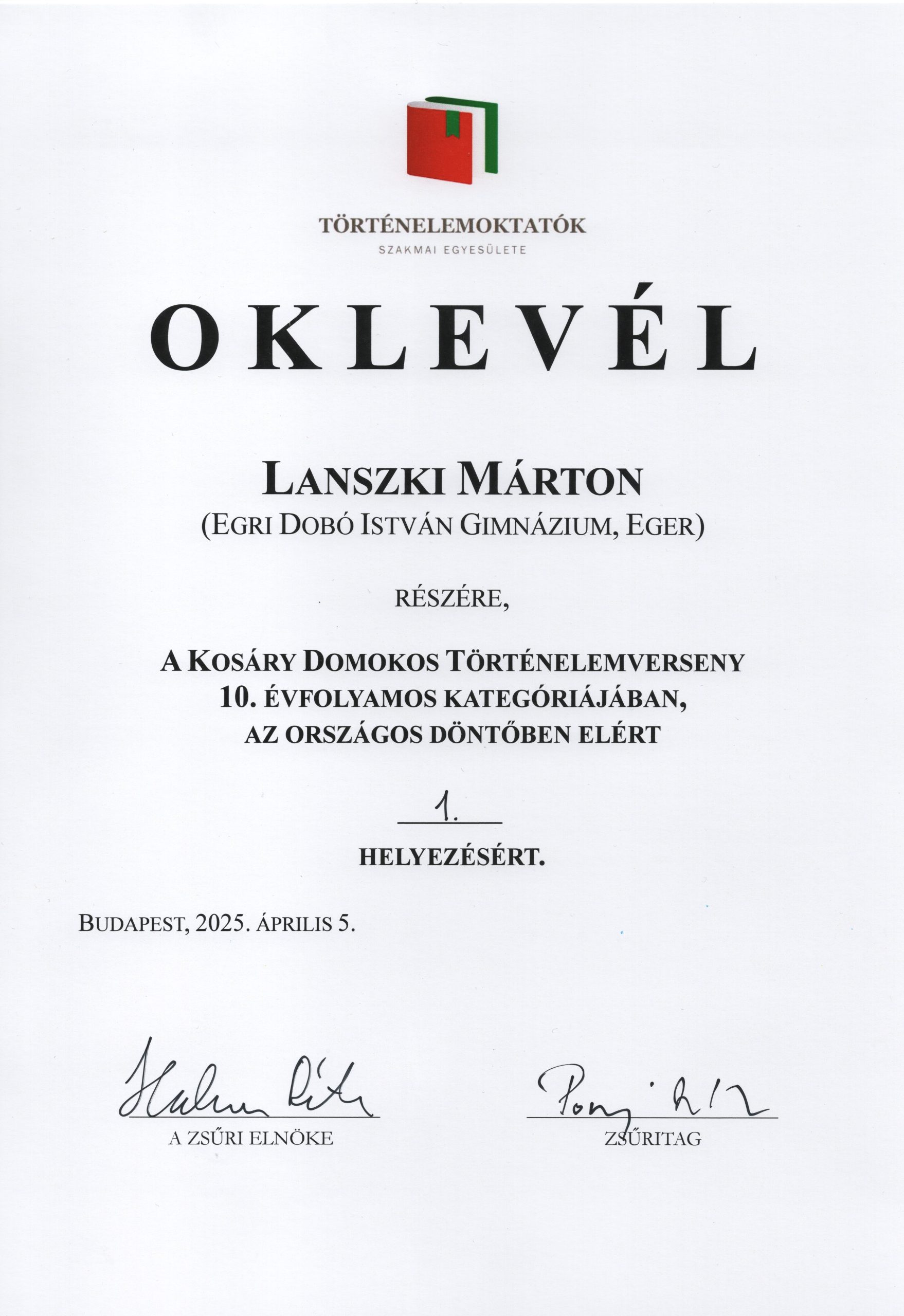 Szép siker a Kosáry Domokos Történelemverseny döntőjében - Egri Dobó ...